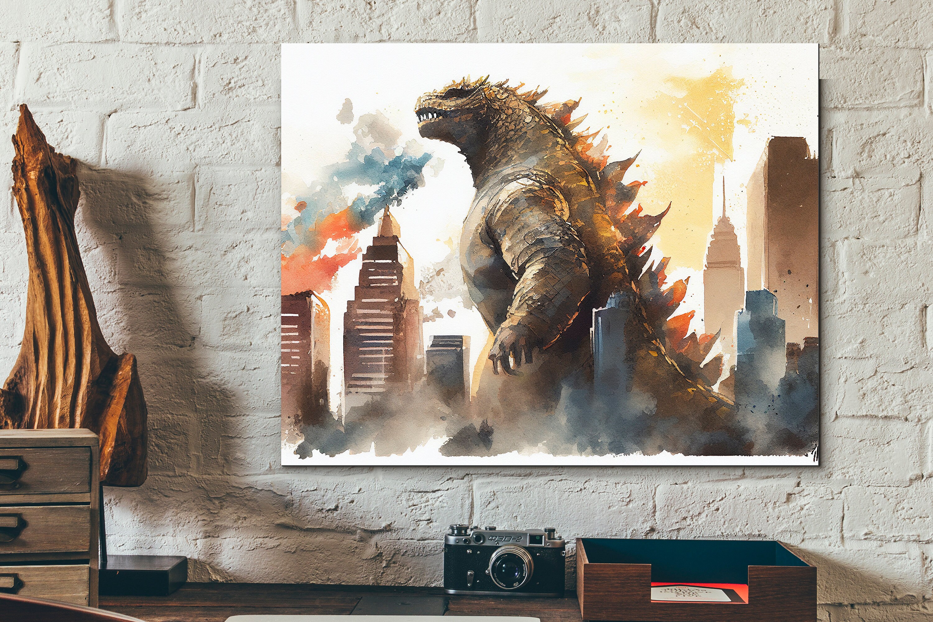Godzilla Cityscape Watercolor, Godzilla Gifts for Him, Monster Movie ...