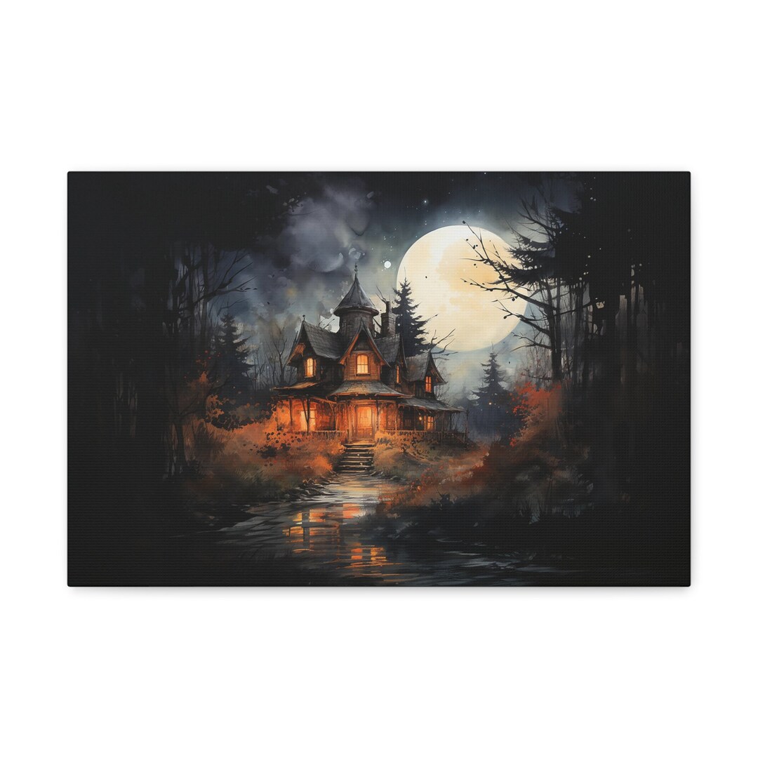 Halloween Haunted House Canvas Print, Halloween Home Decor, Spooky ...