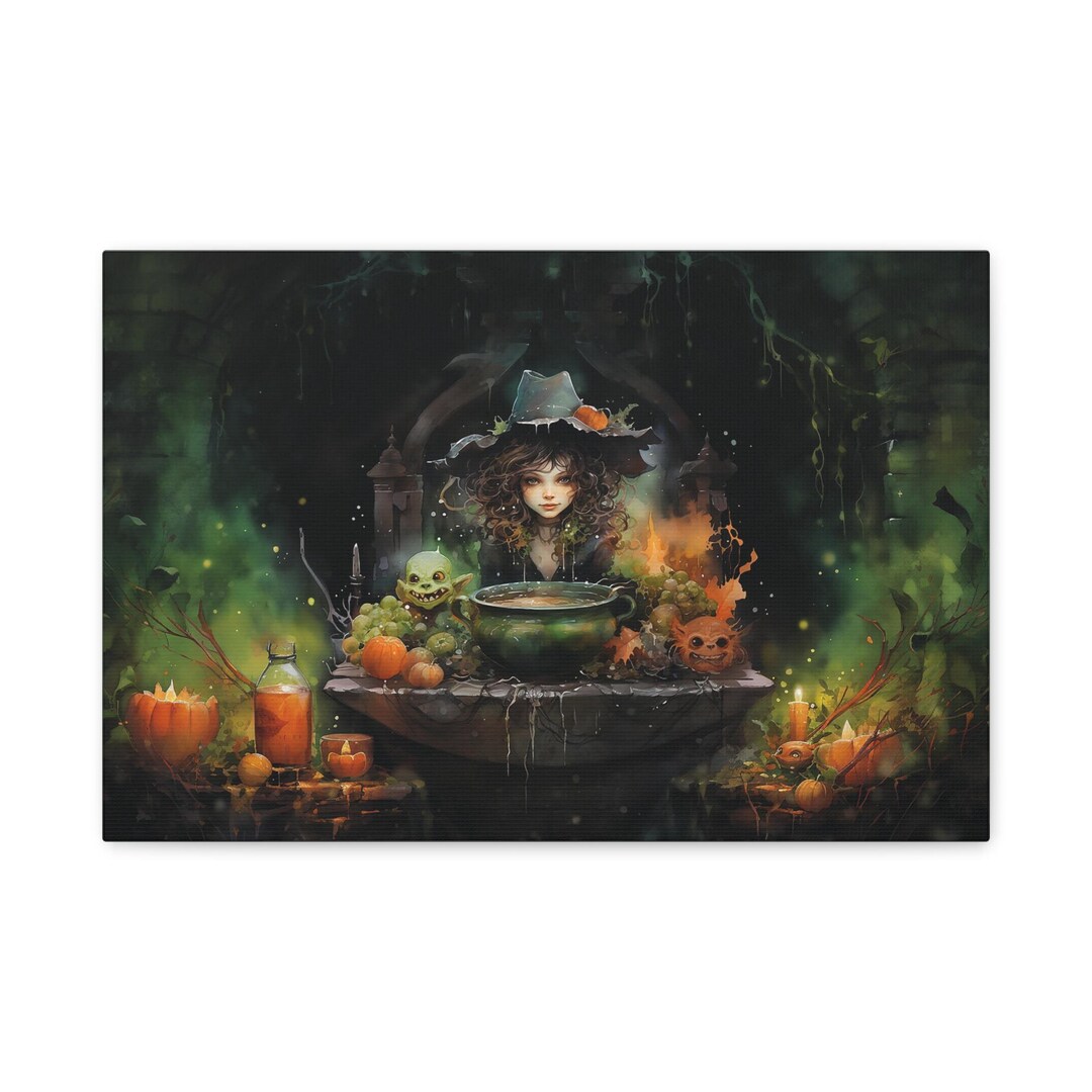Cute Witch in Cavern, Halloween Home Decor, Watercolor Canvas Print ...