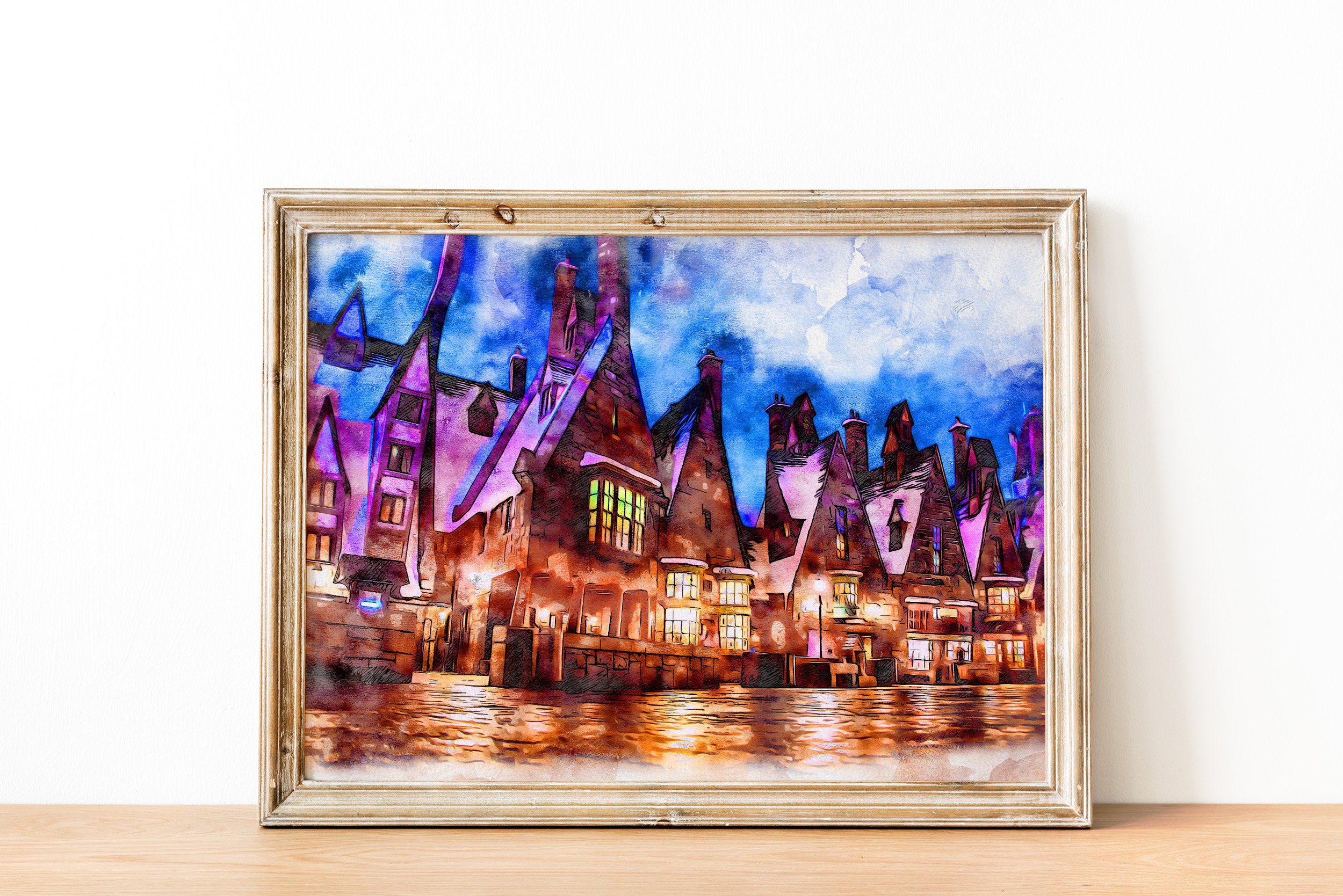 Hogsmeade Watercolor Magical Street, Wizarding Inspired Poster, Castle ...