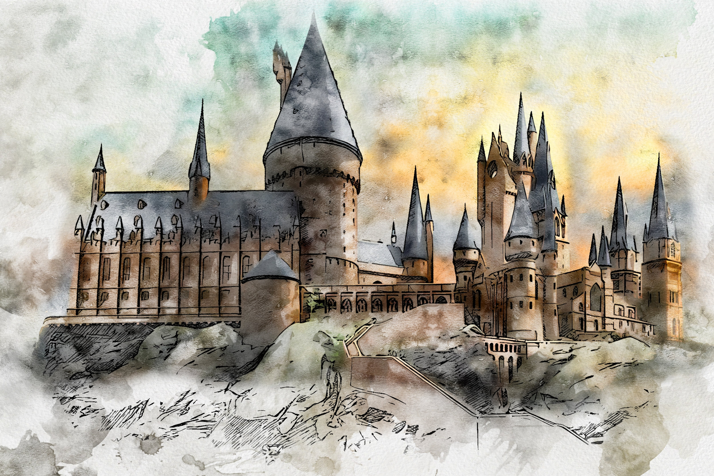 Hogwart Watercolor Castle, Wizarding Inspired Poster, Castle Digital ...