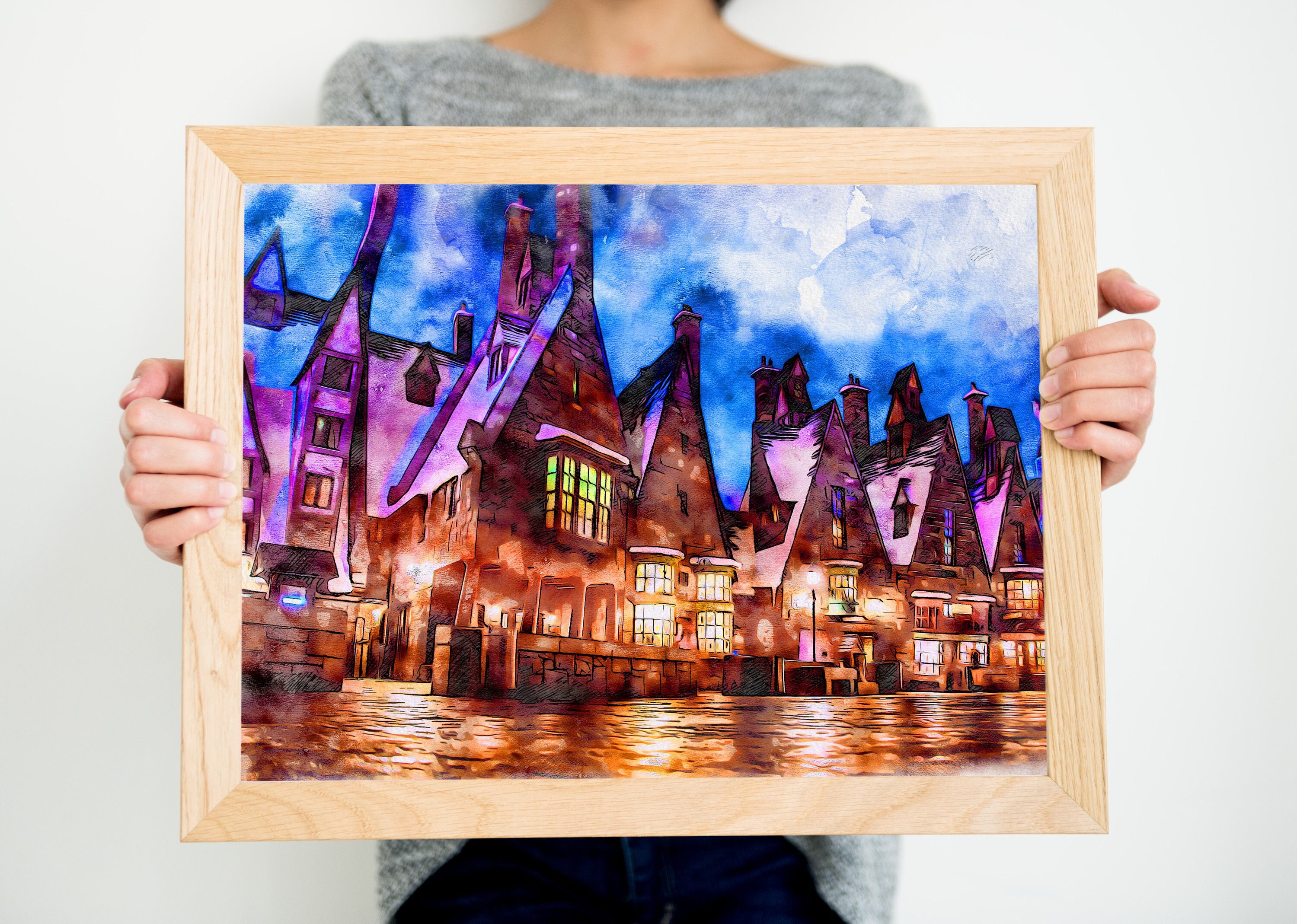 Hogsmeade Watercolor Magical Street, Wizarding Inspired Poster, Castle ...