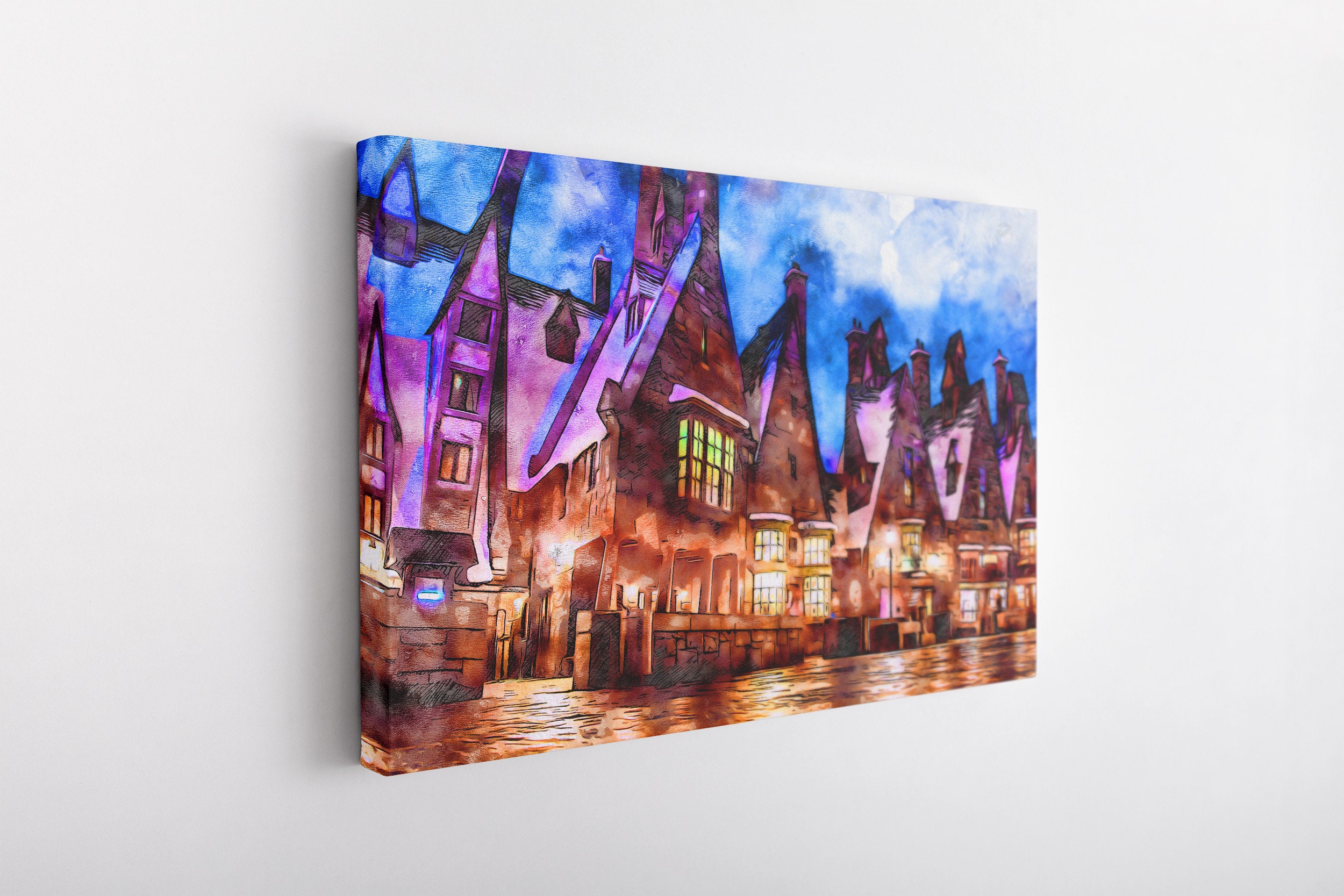Hogsmeade Watercolor Magical Street, Wizarding Inspired Poster, Castle ...