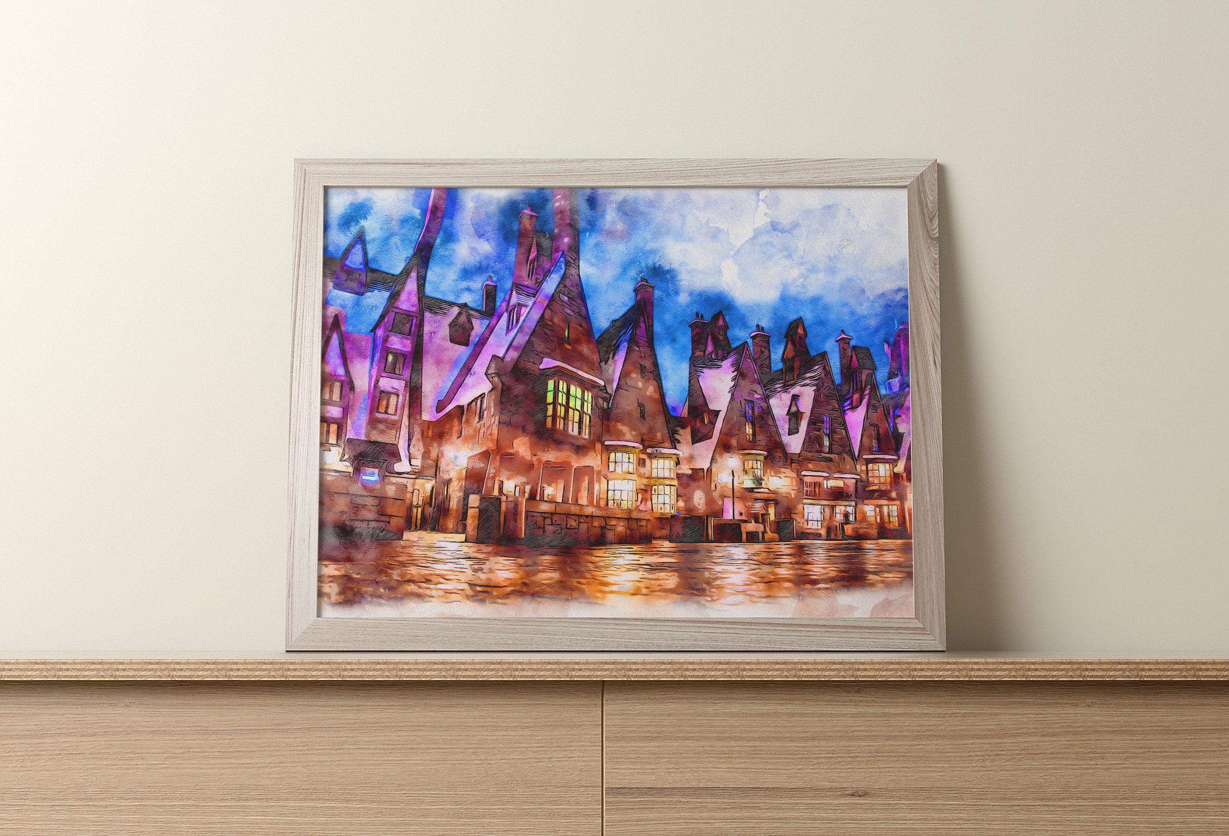 Hogsmeade Watercolor Magical Street, Wizarding Inspired Poster, Castle ...