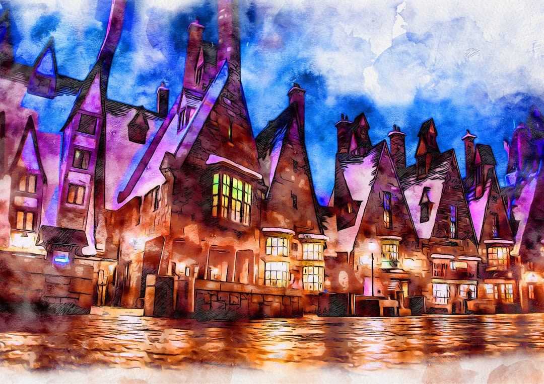 Hogsmeade Watercolor Magical Street, Wizarding Inspired Poster, Castle ...
