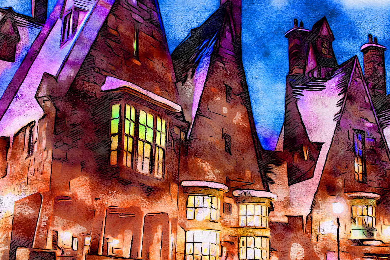 Hogsmeade Watercolor Magical Street, Wizarding Inspired Poster, Castle ...