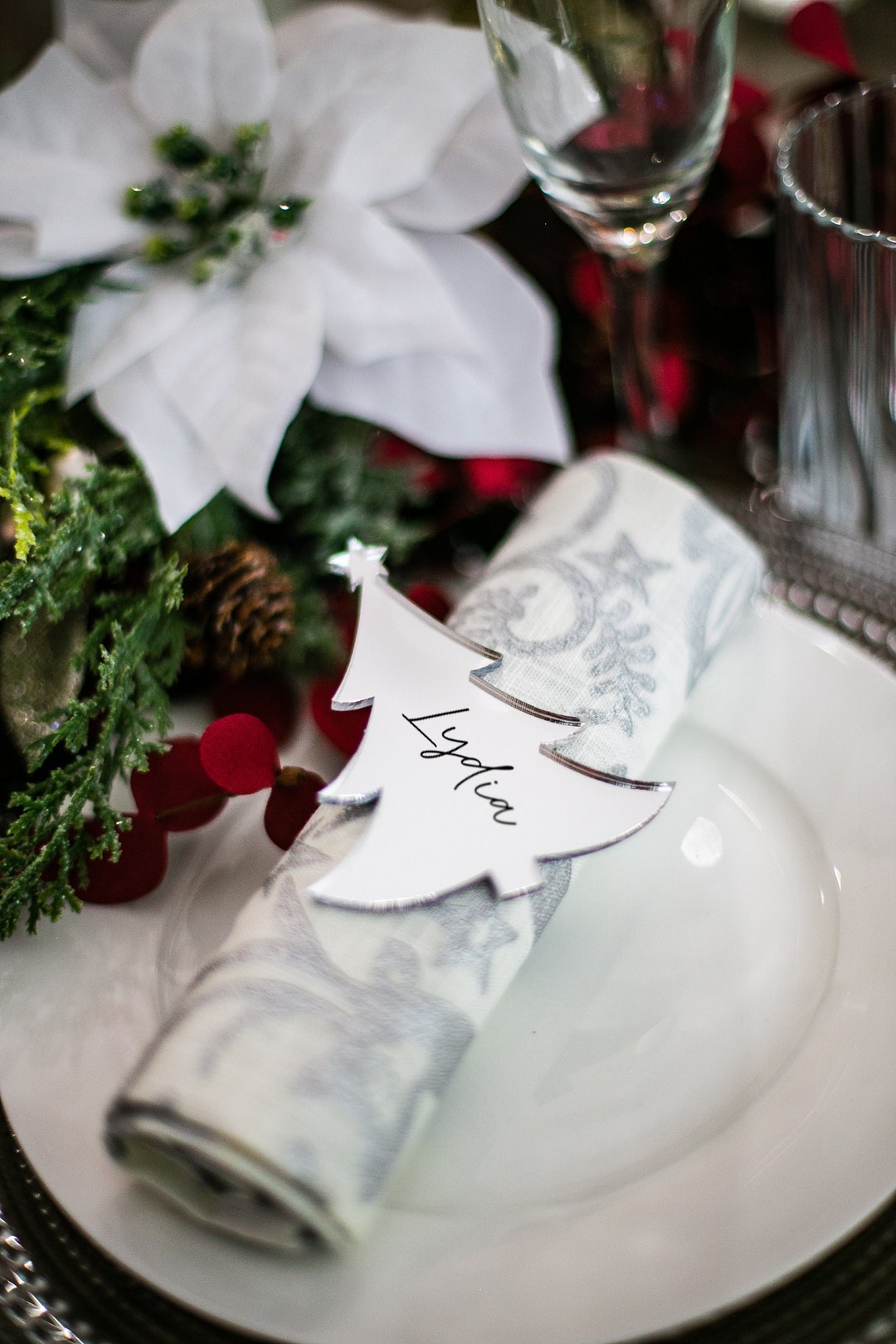 Christmas Place Card Plate Name Tree Holiday Winter Dinner Party Decor ...