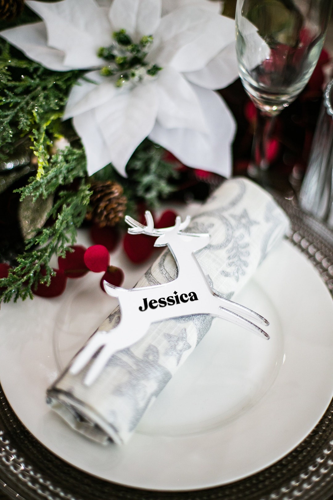 Christmas Place Card Plate Name Reindeer Holiday Winter Dinner Party ...