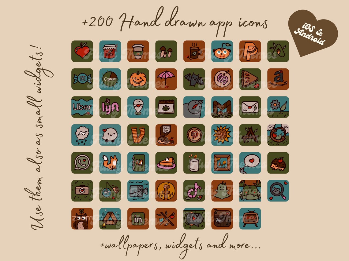 Fall Hand Drawn BLACK Ios16 App Icons Bundle, Ios14 App Covers, Fall ...