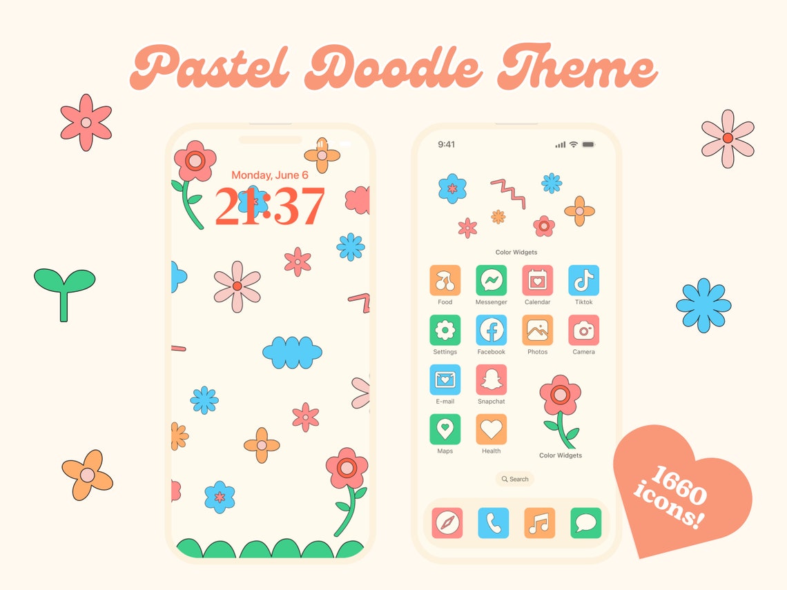 1900 Spring Summer App Icon Pack, Cute Doodle App Icons Widgets and ...