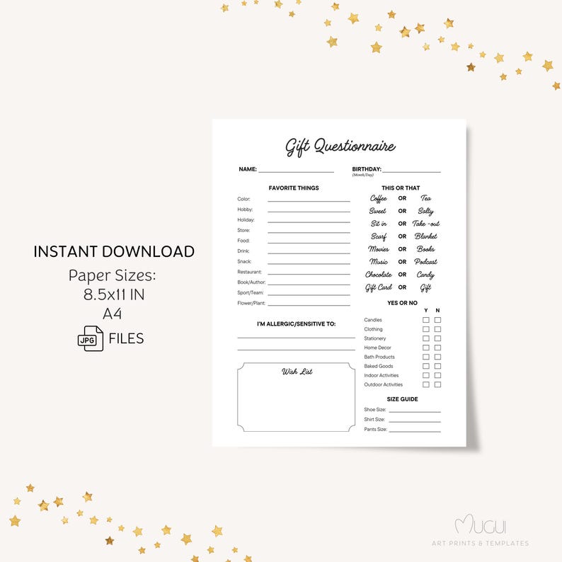 Printable Gift Questionnaire, Secret Santa Survey, Favorite Things, Get ...