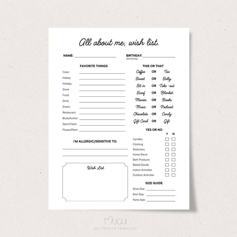 All About Me Template, Editable Favorite Things Survey, Wish List ...