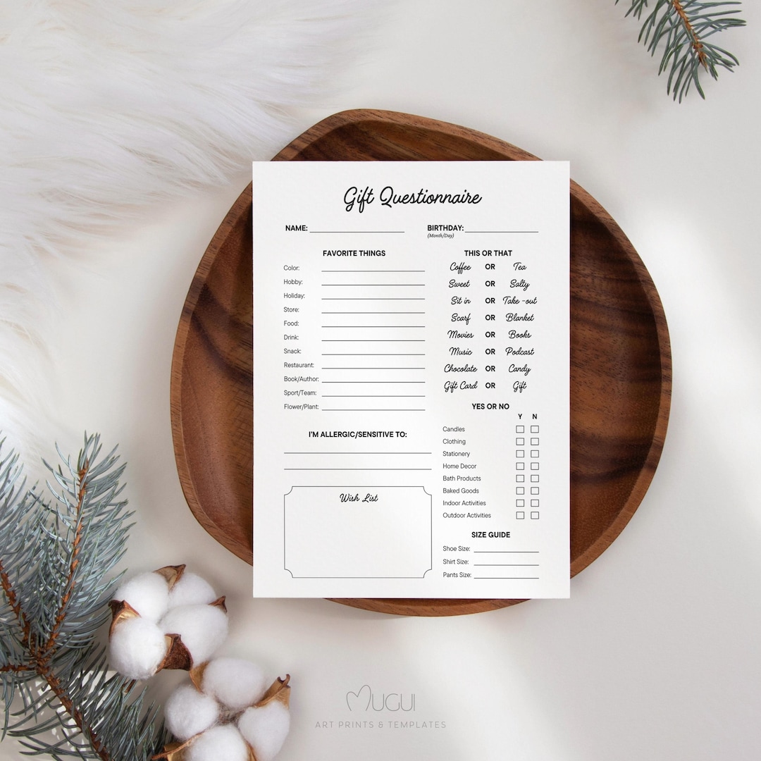 Printable Gift Questionnaire, Secret Santa Survey, Favorite Things, Get ...