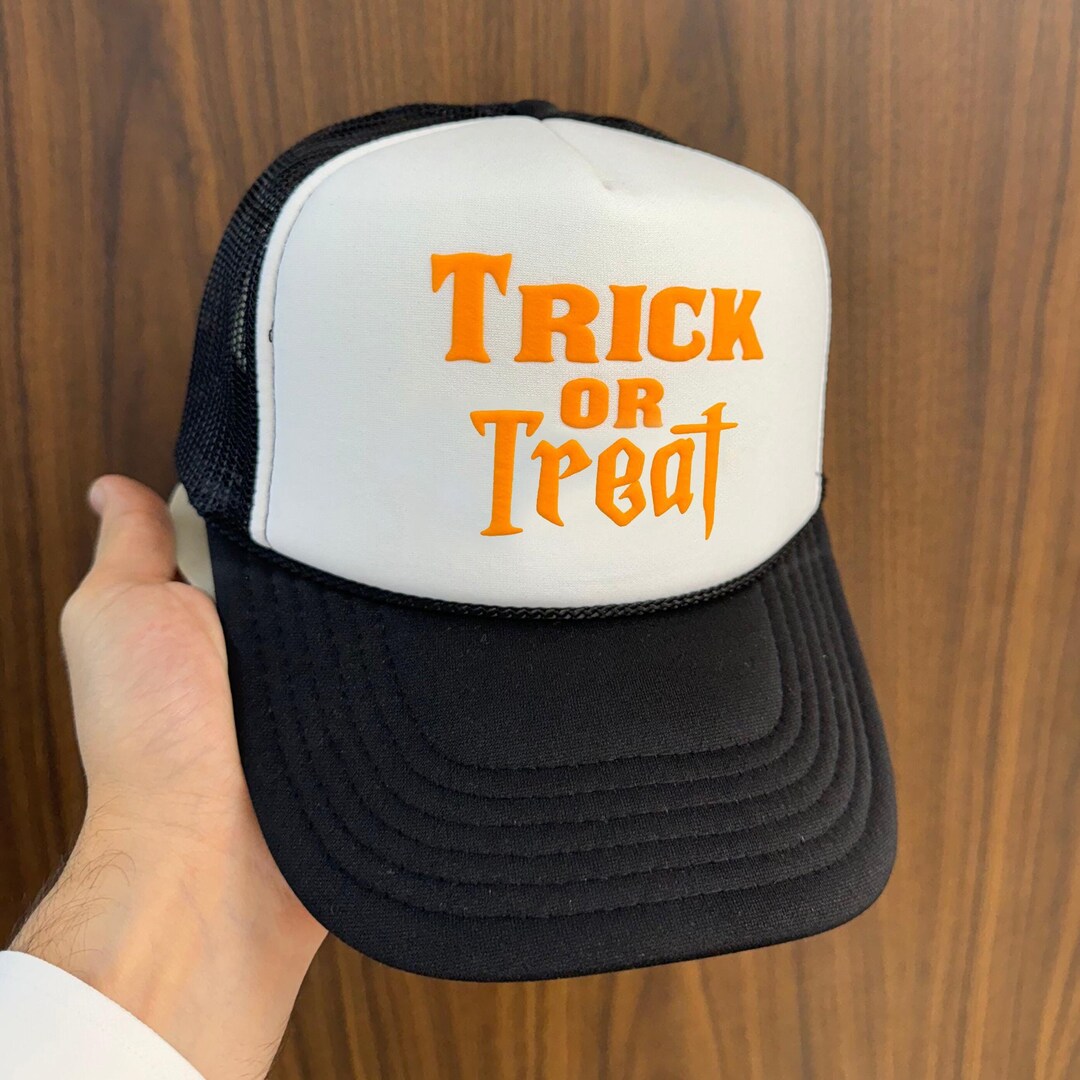 Trick or Treat Puff Print Hat, Halloween Hat, Trick or Treat Trucker ...