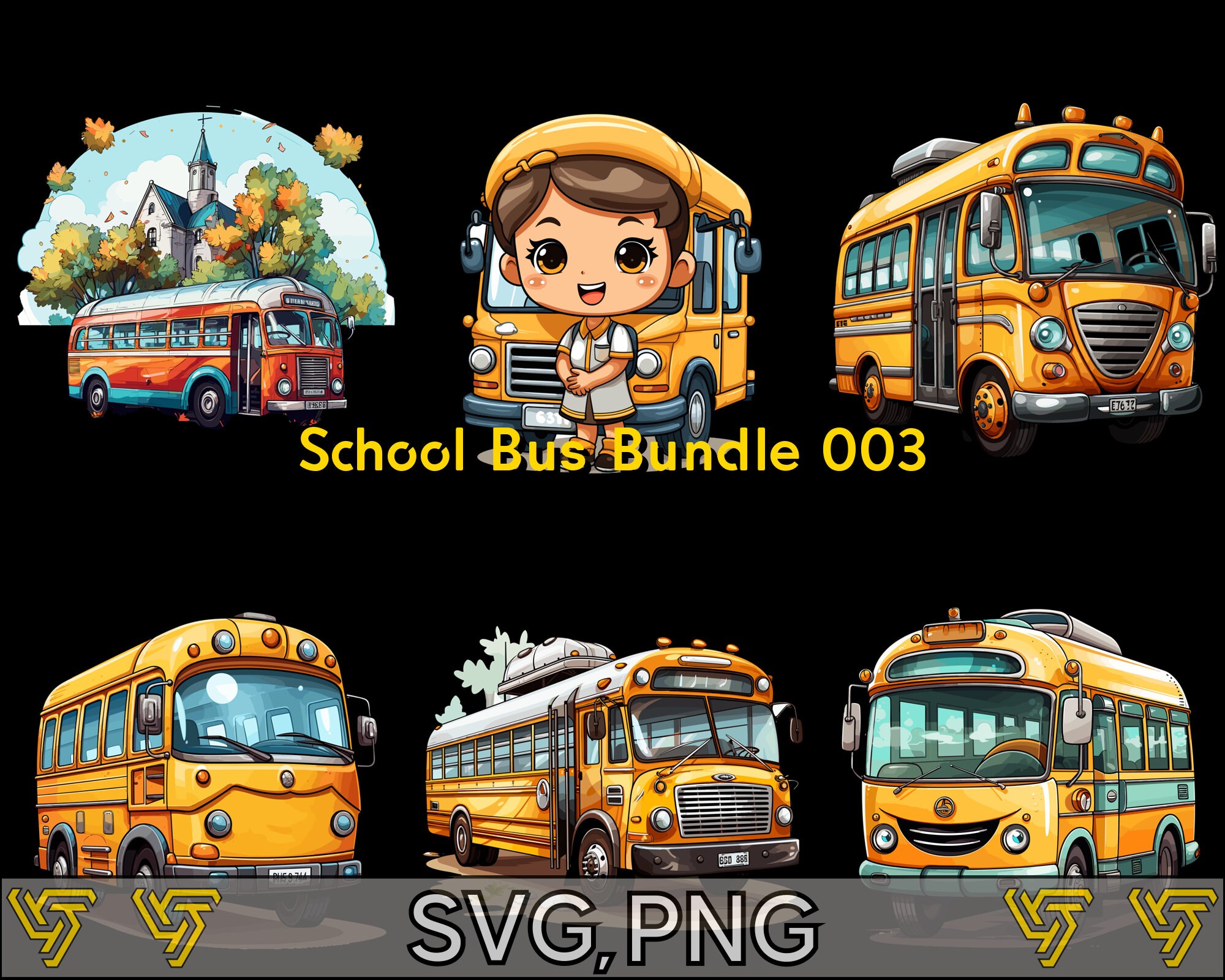 Colorful School Bus SVG Bundle 003 : 6 Designs Transparent Pngs for ...