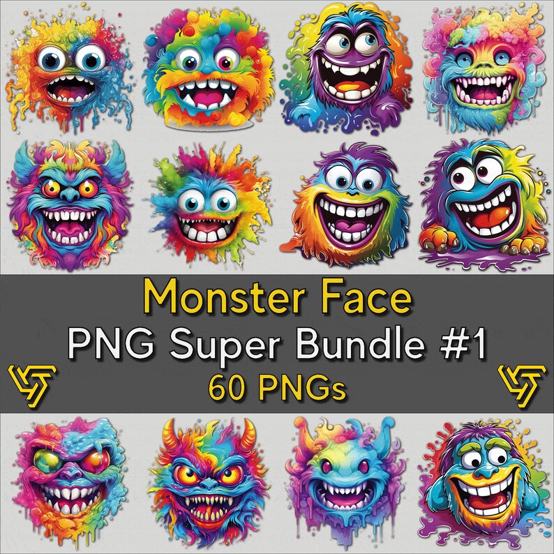 Monster Face PNG Clipart Bundle #1 | Instantly Download 60 Designs of ...