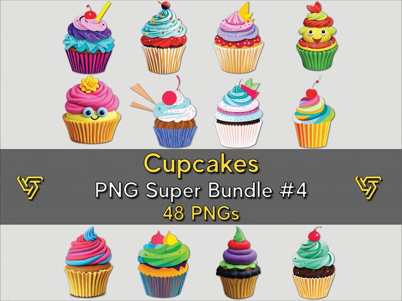 Cute Cupcakes PNG Clipart Bundle #4, 48 Designs, 300 DPI Transparent ...