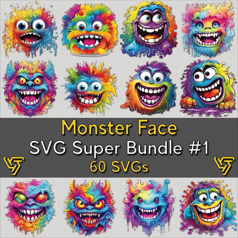 Monster Face SVG Clipart Bundle #1 | Instantly Download 60 Designs of ...