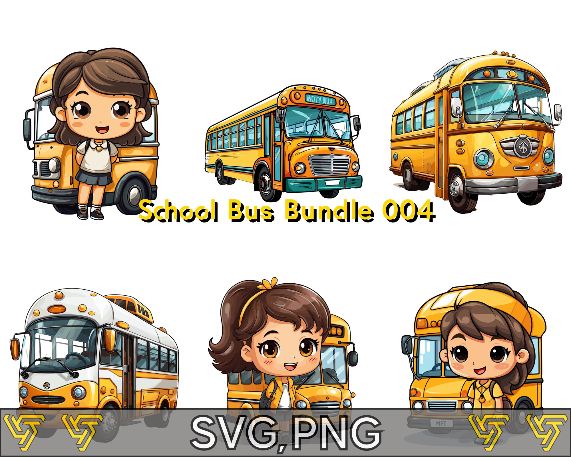 Colorful School Bus SVG Bundle 004 : 6 Designs + Transparent Pngs for ...