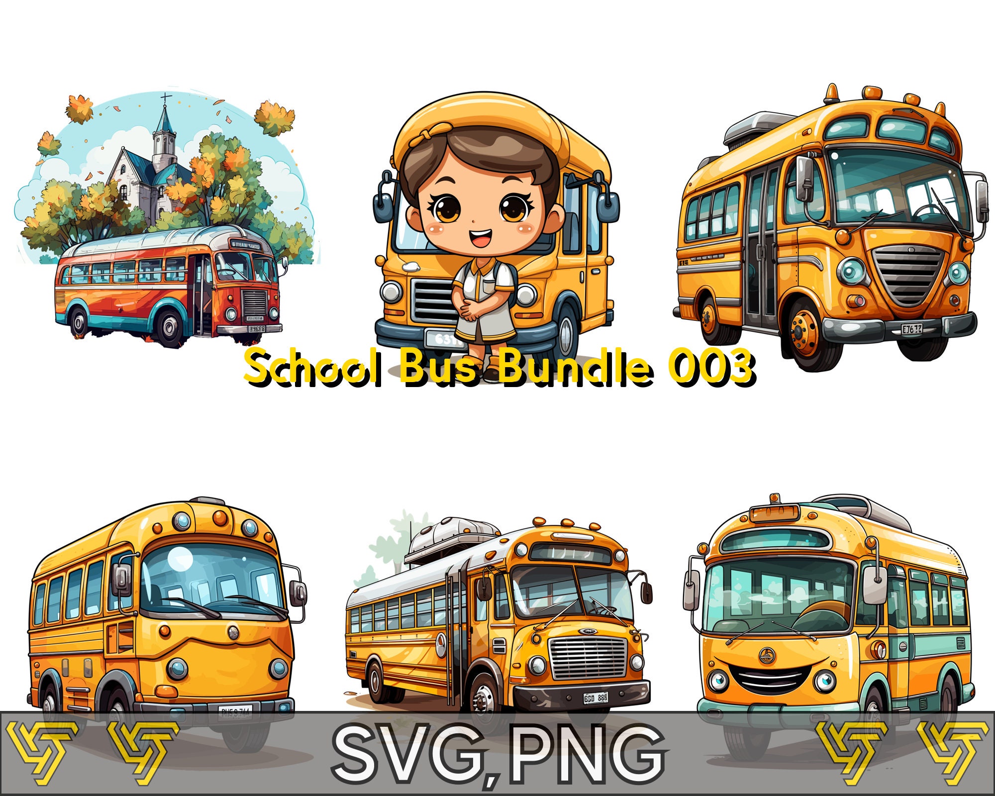 Colorful School Bus SVG Bundle 003 : 6 Designs + Transparent Pngs for ...
