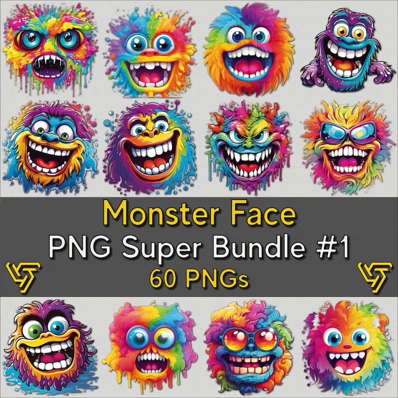Monster Face PNG Clipart Bundle #1 | Instantly Download 60 Designs of ...