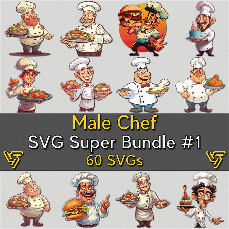 Male Chef Clipart Bundle #1 With 60 Designs of Infinitely Scalable SVG ...