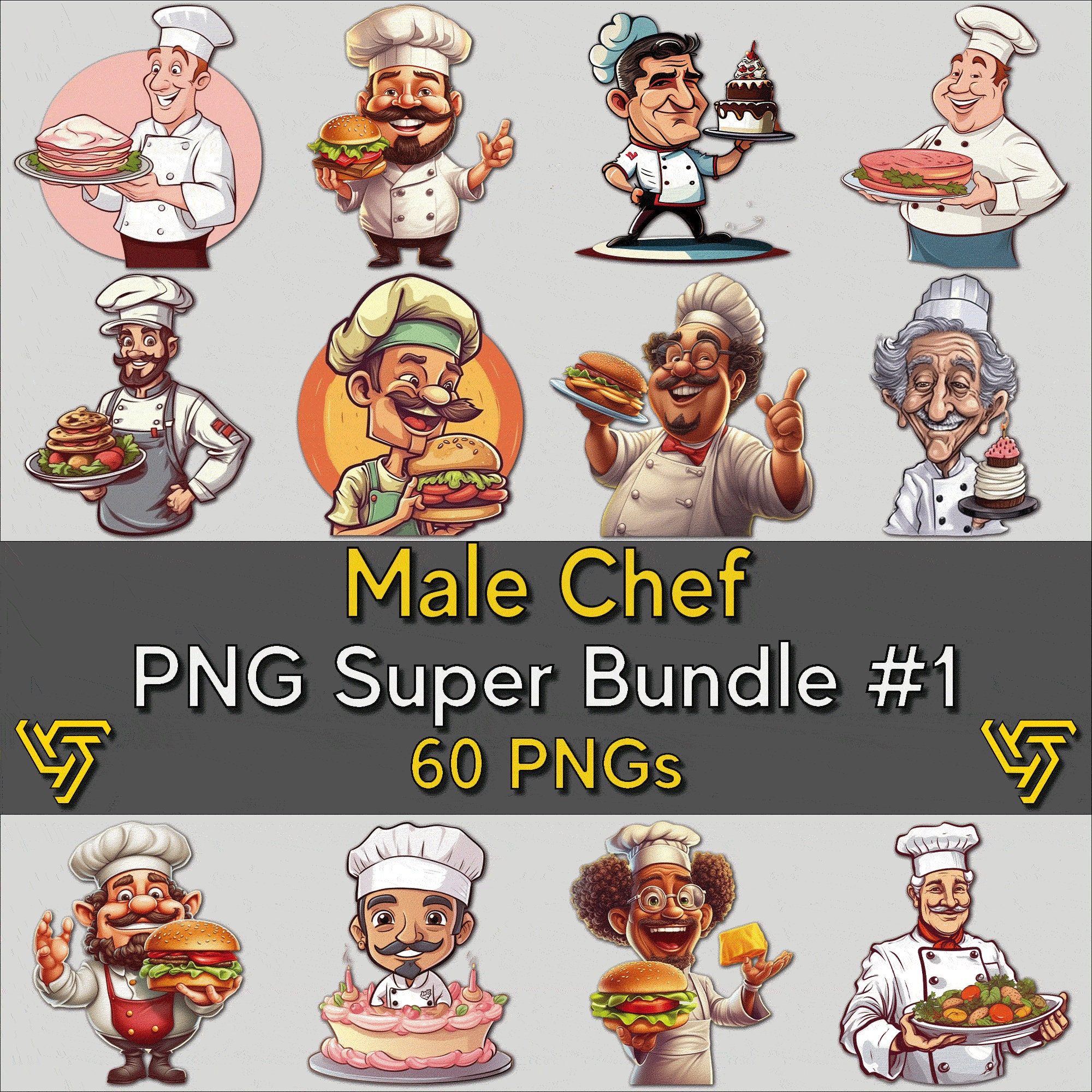 Male Chef Clipart Bundle #1 With 60 Designs of 300 DPI Transparent PNG ...