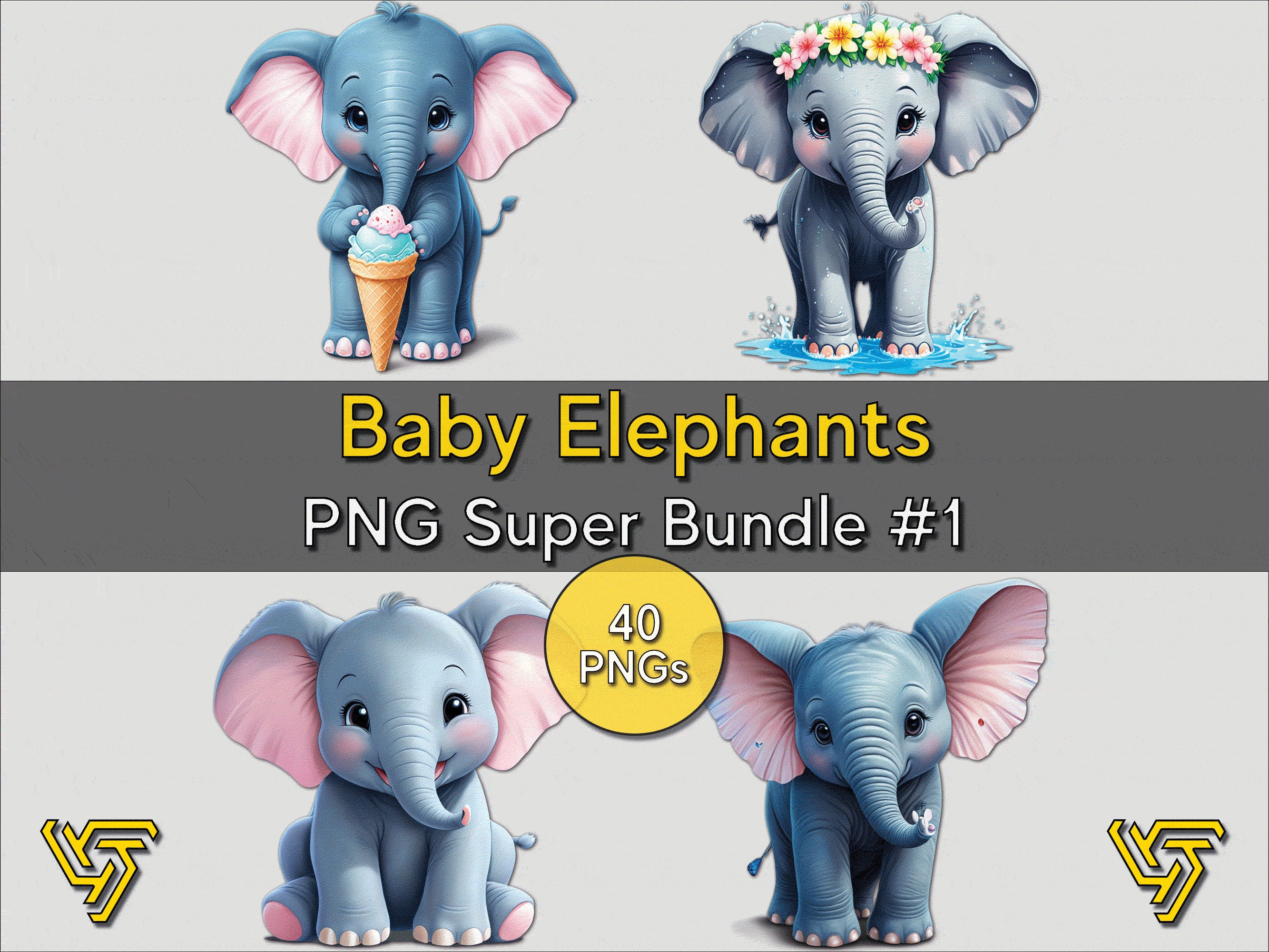 Adorable Baby Elephants PNG Clipart Bundle 1 40 Designs, 300 DPI ...