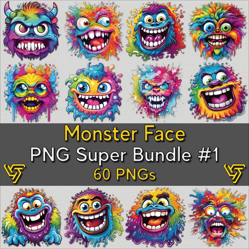 Monster Face PNG Clipart Bundle #1 | Instantly Download 60 Designs of ...