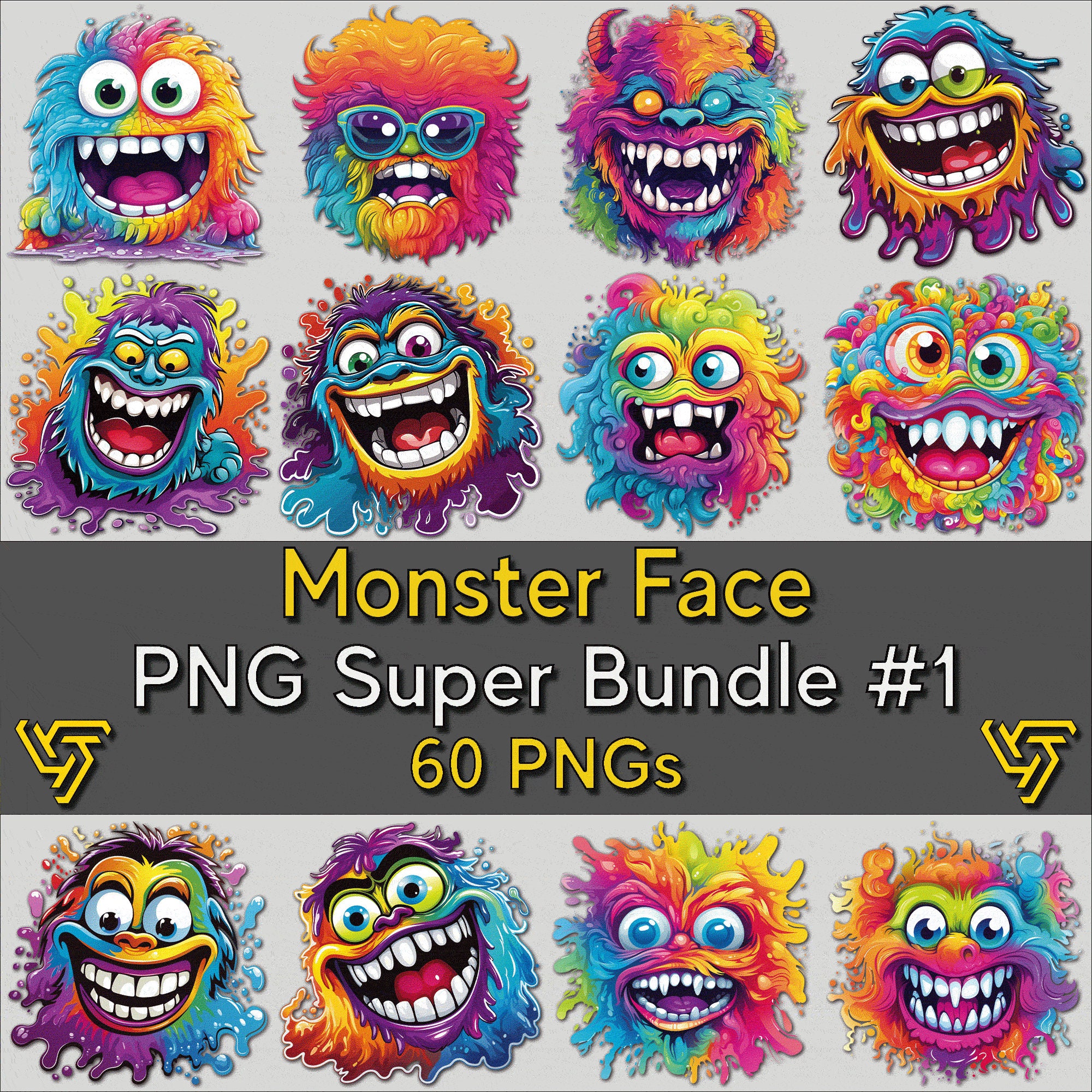 Monster Face PNG Clipart Bundle #1 | Instantly Download 60 Designs of ...
