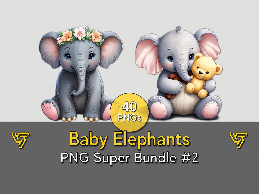 Adorable Baby Elephants PNG Clipart Bundle #2 - 40 Designs, 300 DPI ...