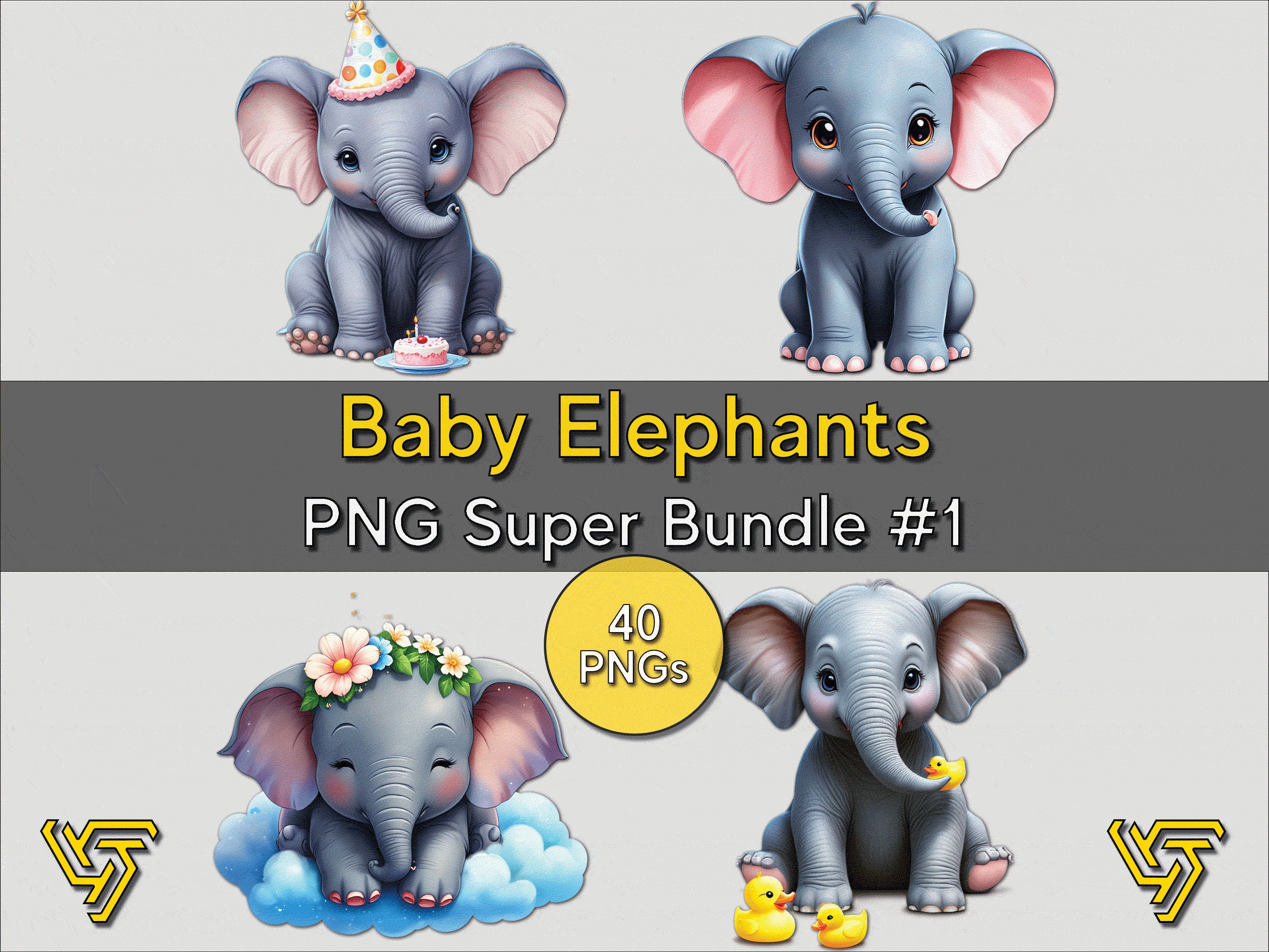 Adorable Baby Elephants PNG Clipart Bundle 1 40 Designs, 300 DPI ...