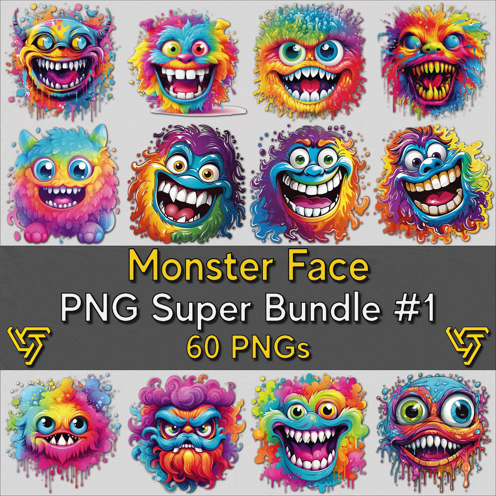Monster Face PNG Clipart Bundle #1 | Instantly Download 60 Designs of ...