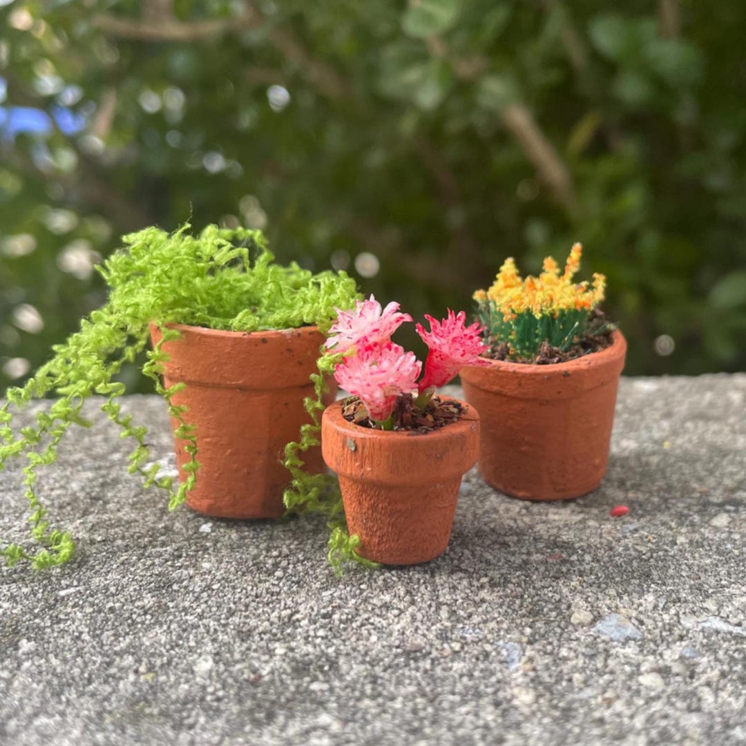 Three Miniature Terra Cotta Look Pots of Flowers and Plant, Dollhouse ...