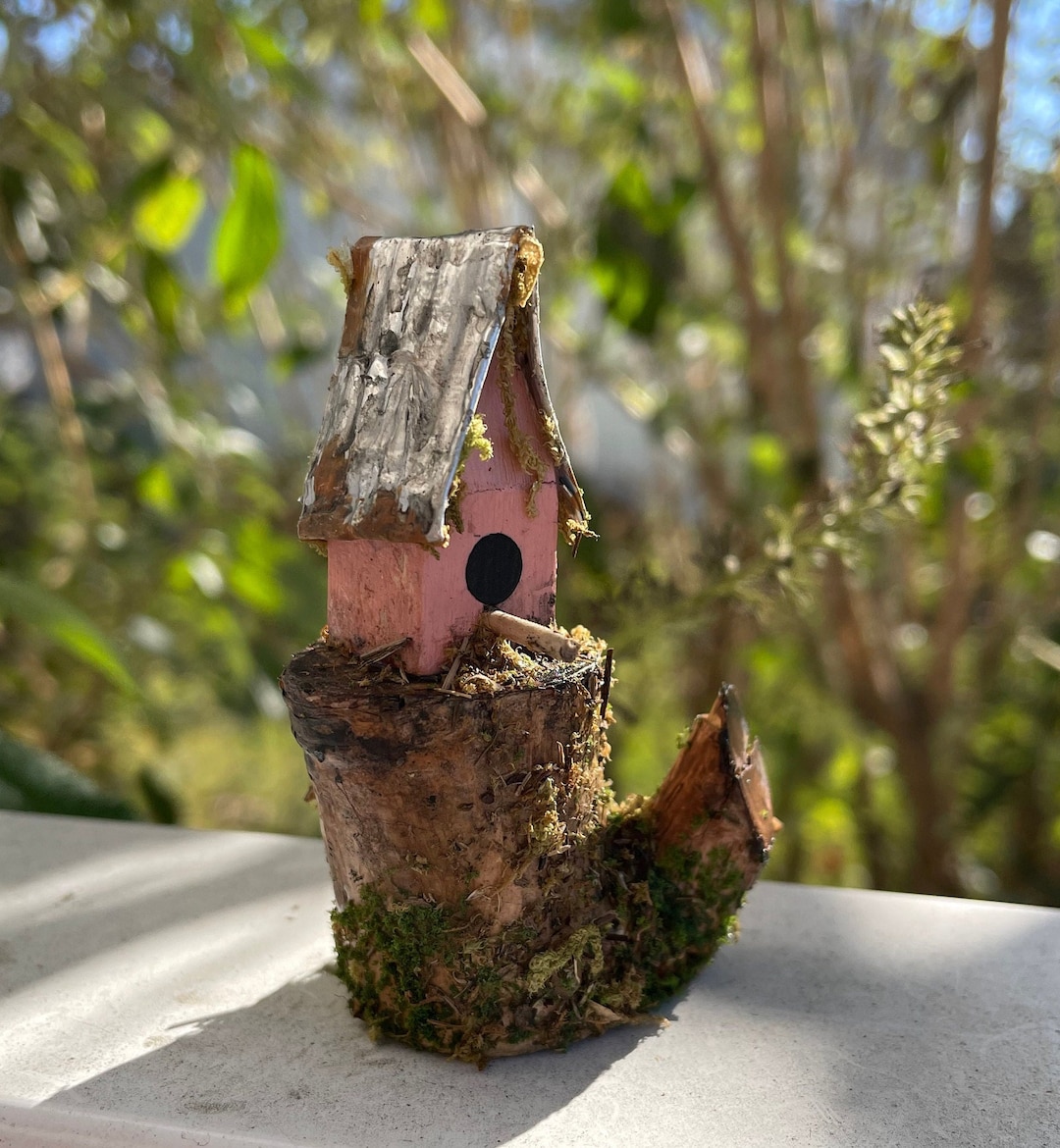 Pink Birdhouse, Tree Stump, Handmade Miniature, Dollhouse or Indoor ...