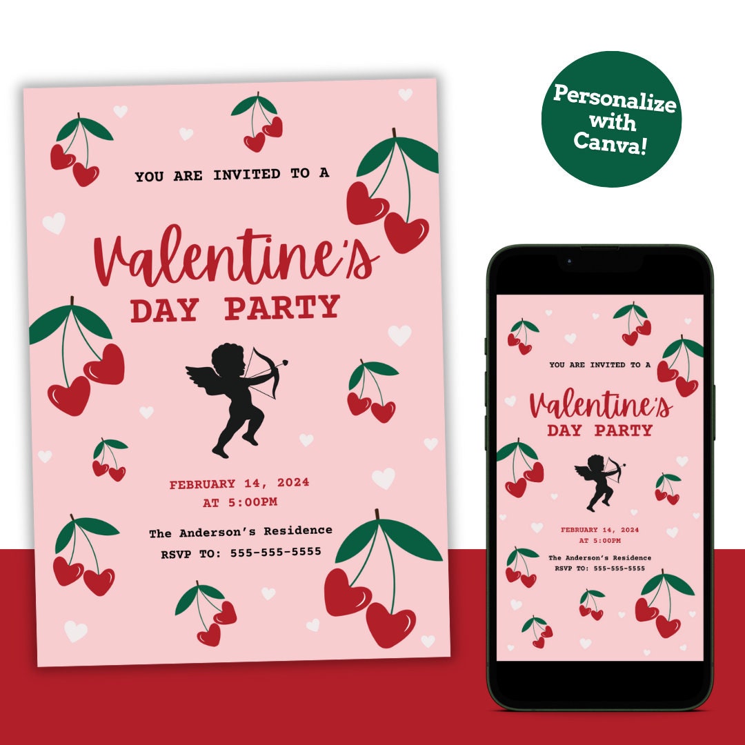 Cherry Valentine's Day Party Invitations - Cute Heart Shaped Cherry ...
