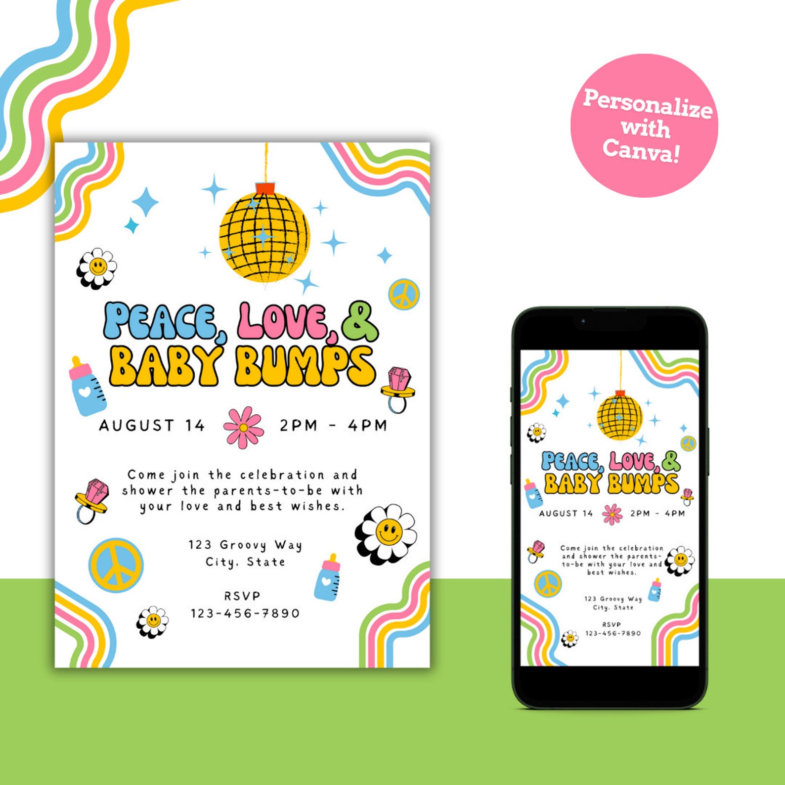 Peace, Love, & Baby Bumps | Retro Groovy Baby Shower Invite ...