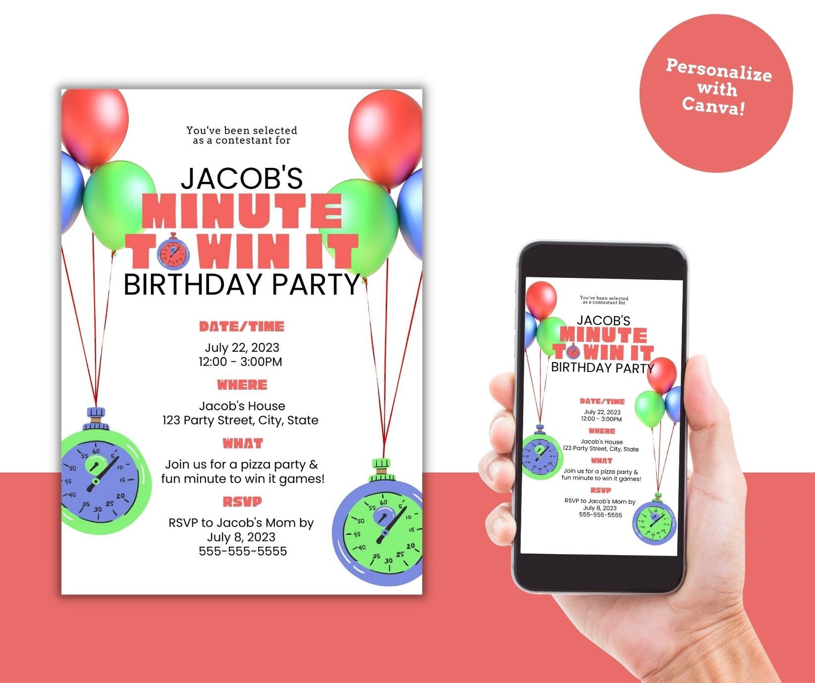 Customizable Minute to Win It Birthday Party Invitations, Editable ...