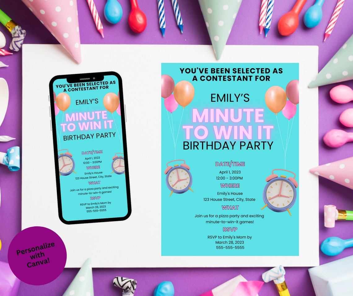 Minute to Win It Birthday Party Invitation, Editable Template ...
