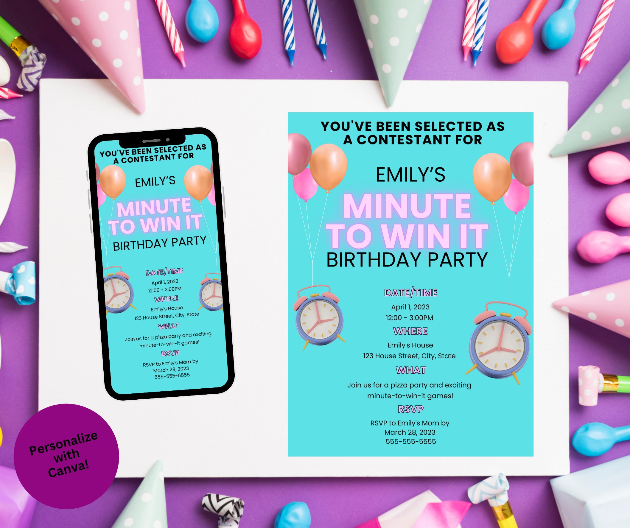 Minute to Win It Birthday Party Invitation, Editable Template ...
