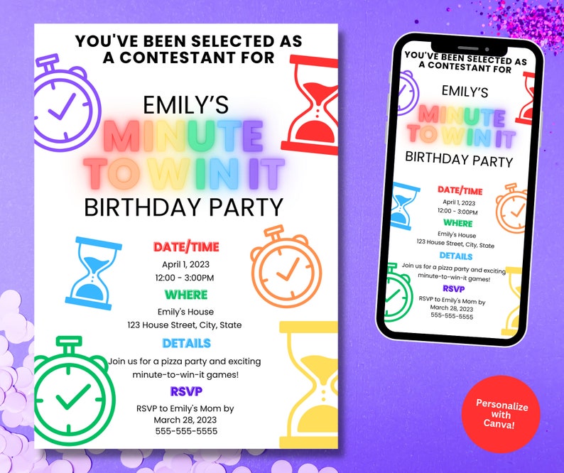 Rainbow Color Minute-to-win-it Party Theme Birthday Invitation ...