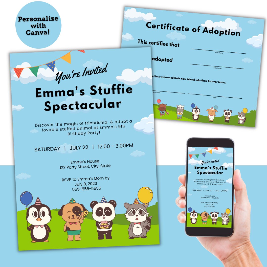 Customizable Stuffed Animal Adoption Party Birthday Party Kit, Editable ...