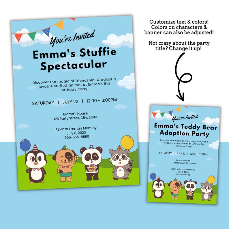 Customizable Stuffed Animal Adoption Party Birthday Party Kit, Editable ...