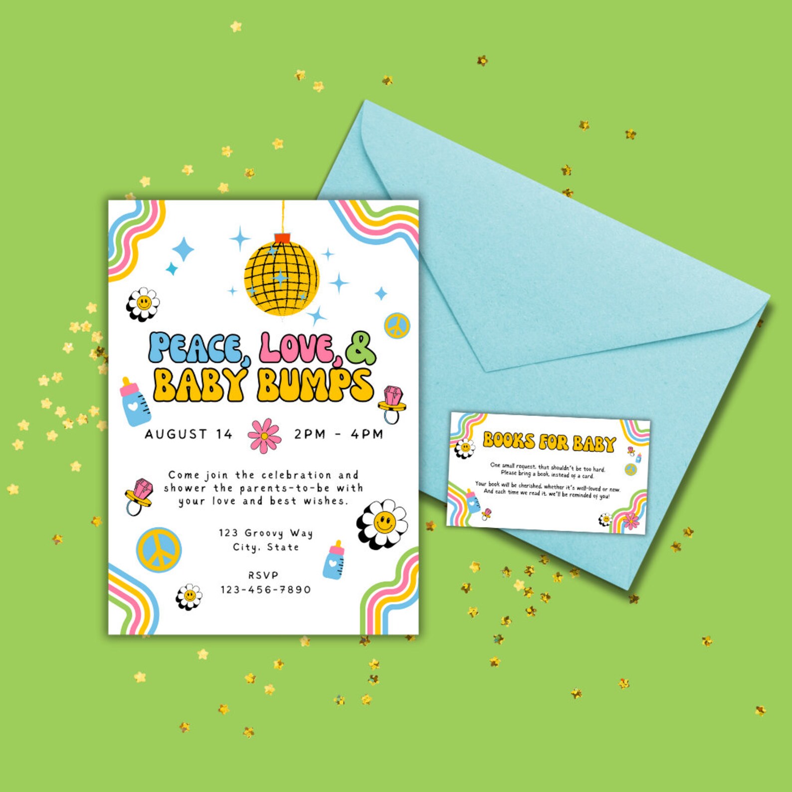 Peace, Love, & Baby Bumps | Retro Groovy Baby Shower Invite ...