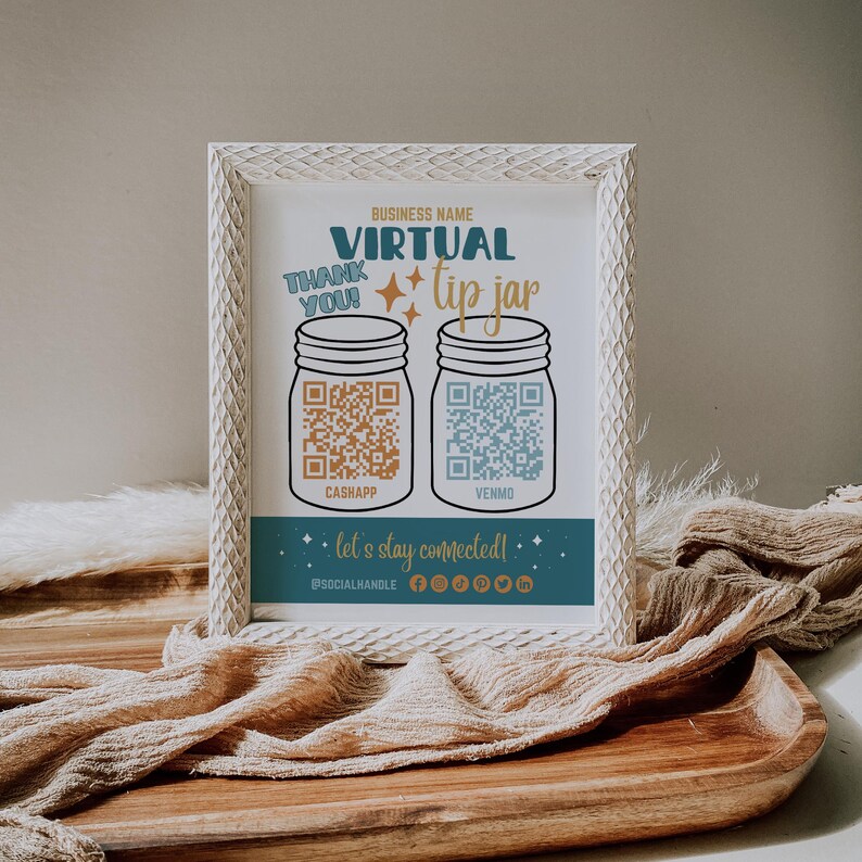 Virtual Tip Jar QR Code Sign, Venmo Scan to Pay Sign Template, Cashapp ...