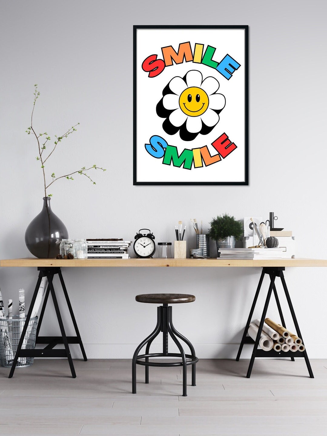 Retro Happy Flower Smiley Face SMILE Rainbow Lettering Digital Wall Art ...