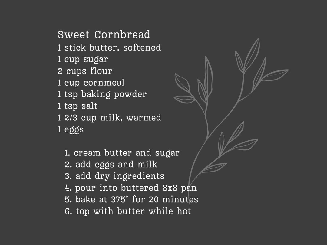 Recipe Printable Digital Download, Sweet Cornbread Dark - Etsy