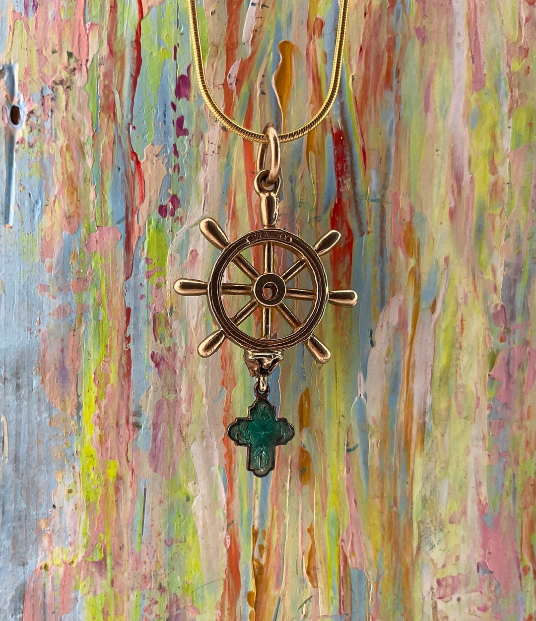 Vintage Ships Wheel Charm/pendant With Silver Green Enamel Cross, 1970s ...