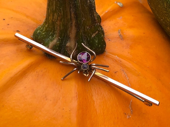 Antique 9ct Gold & Paste Spider Bar Brooch - Gem