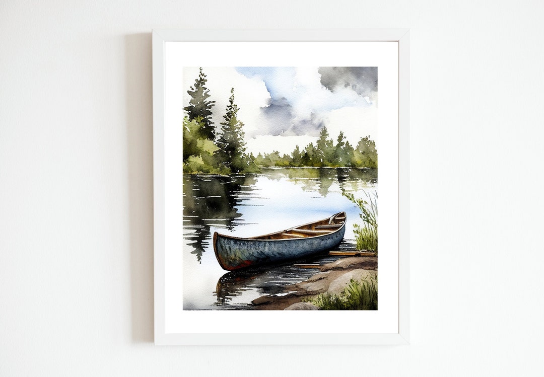 Blue Canoe Art Print Watercolour Lake Nature Neutral River Painting - Etsy
